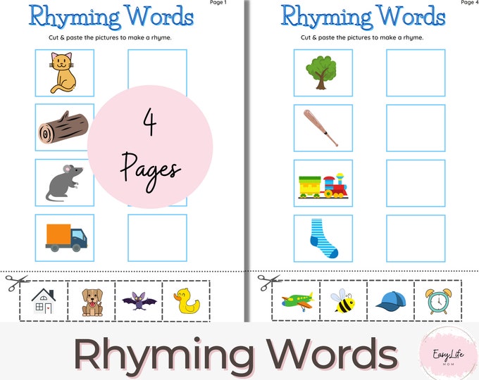Rhyming Words Matching Game, Preschool Worksheet, Kindergarten ...