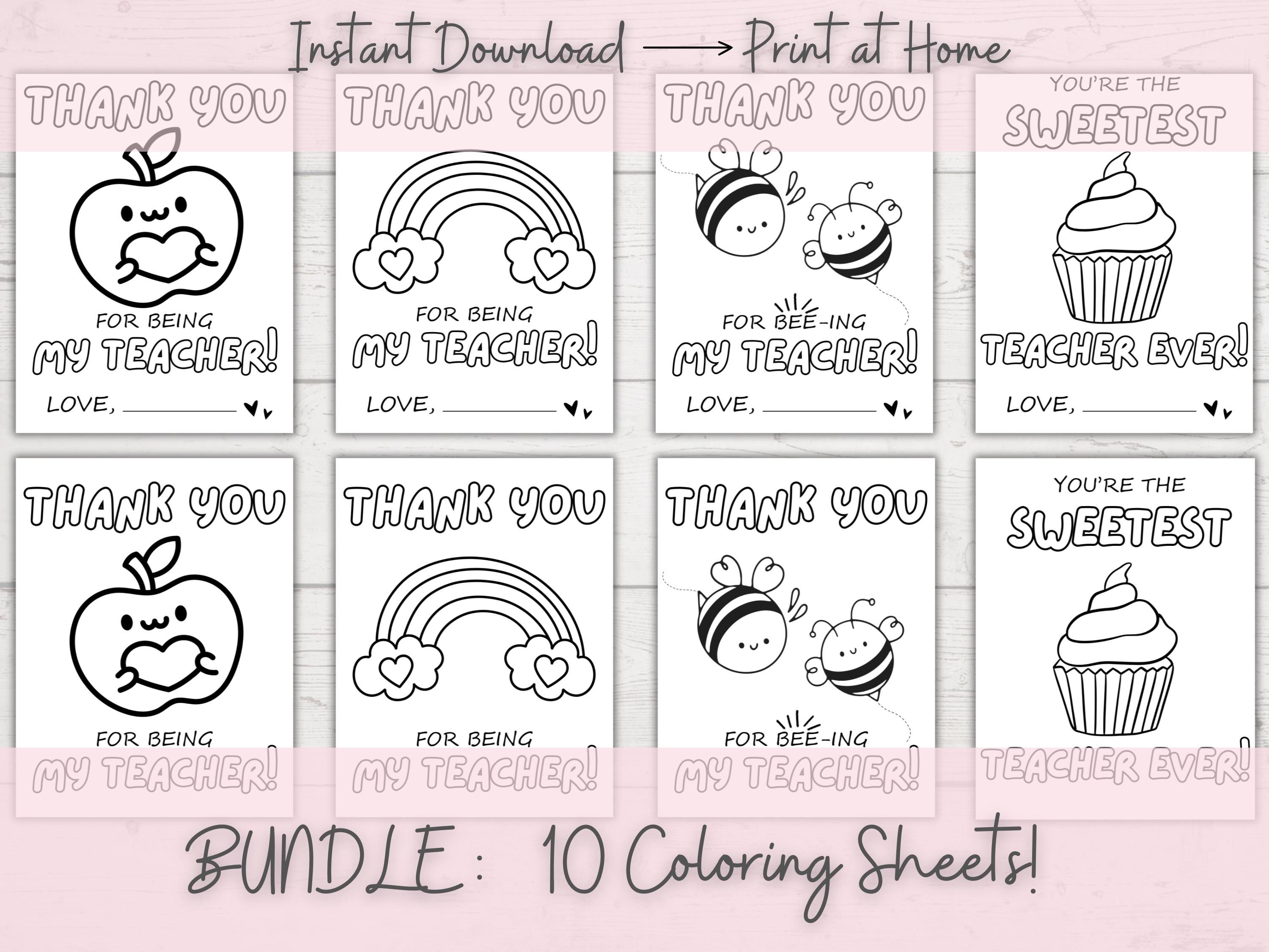 Teacher Appreciation Coloring Cards: Thank You Gift Bundle (digital ...