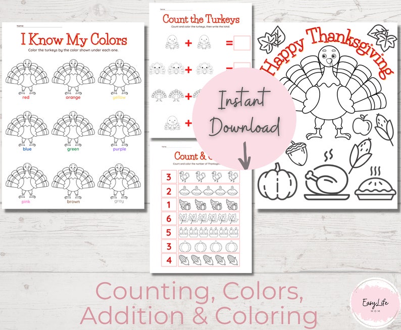 Thanksgiving Activity Bundle: Preschool Worksheets, Turkey Hunt (PDF ...