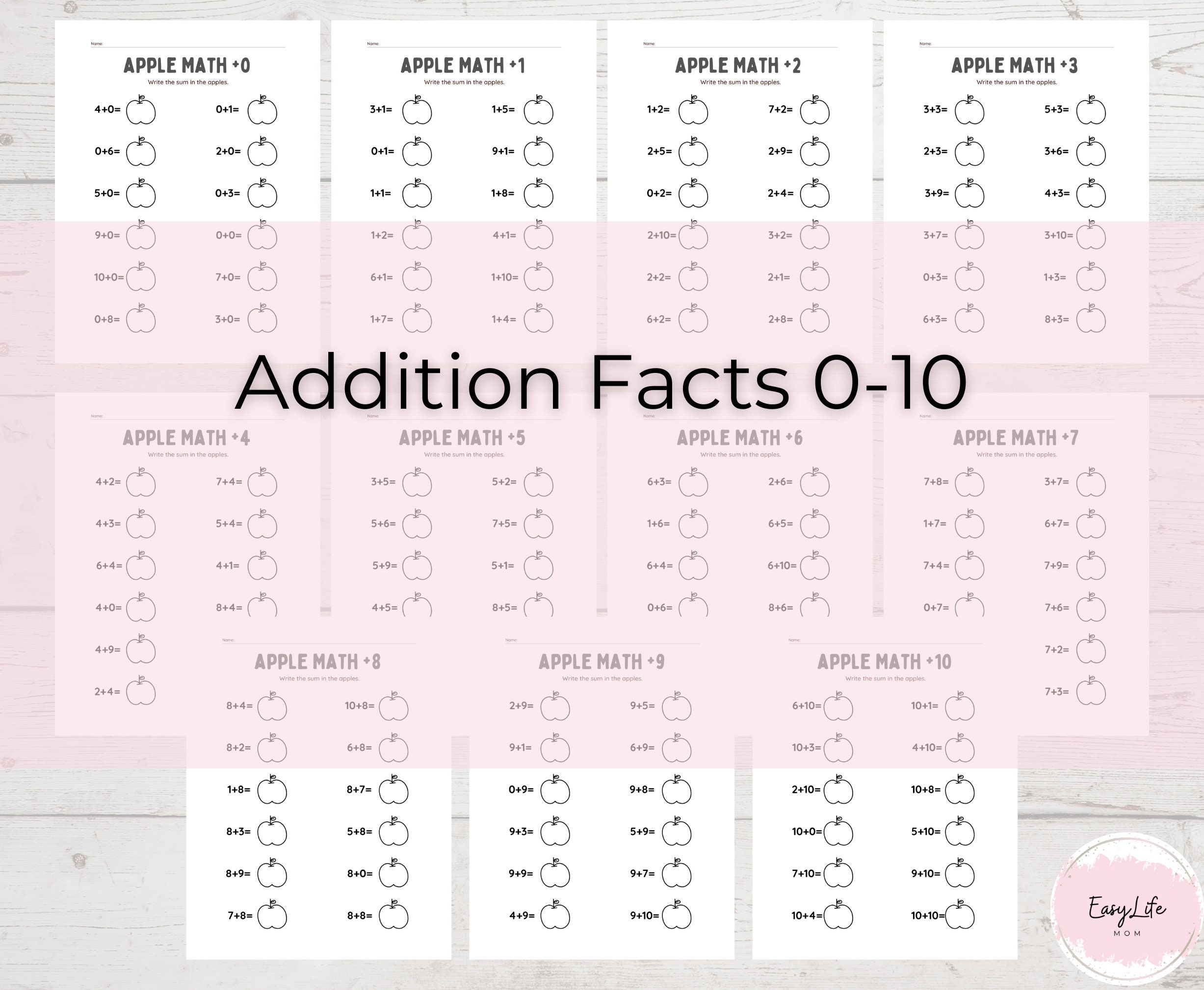 Kindergarten Addition Worksheets: Apple Math Facts to 10 (PDF Printable ...