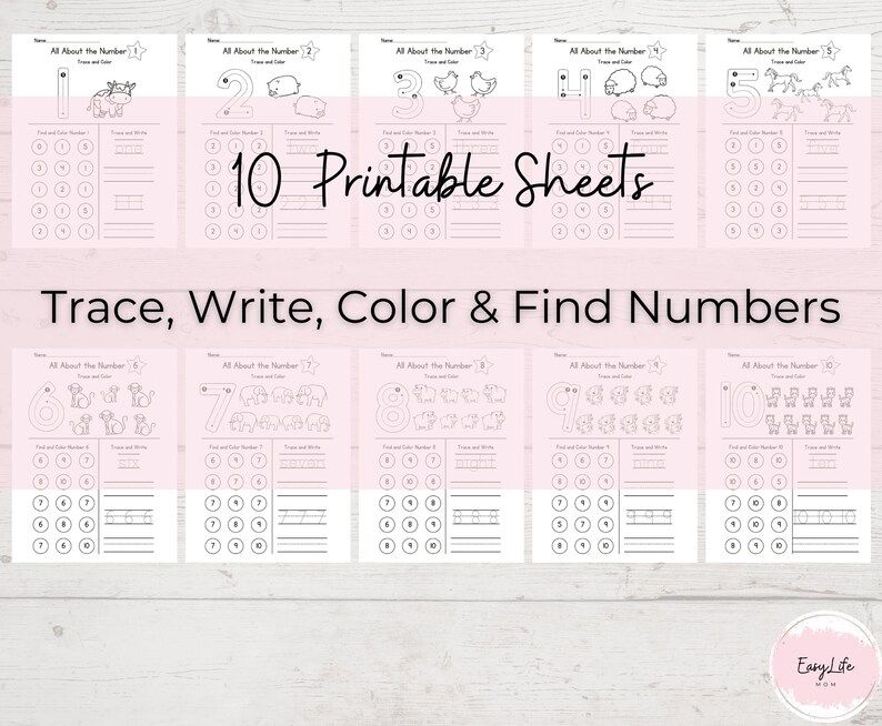 Kindergarten Number Worksheets: Trace, Write, Color (PDF Download) - Etsy