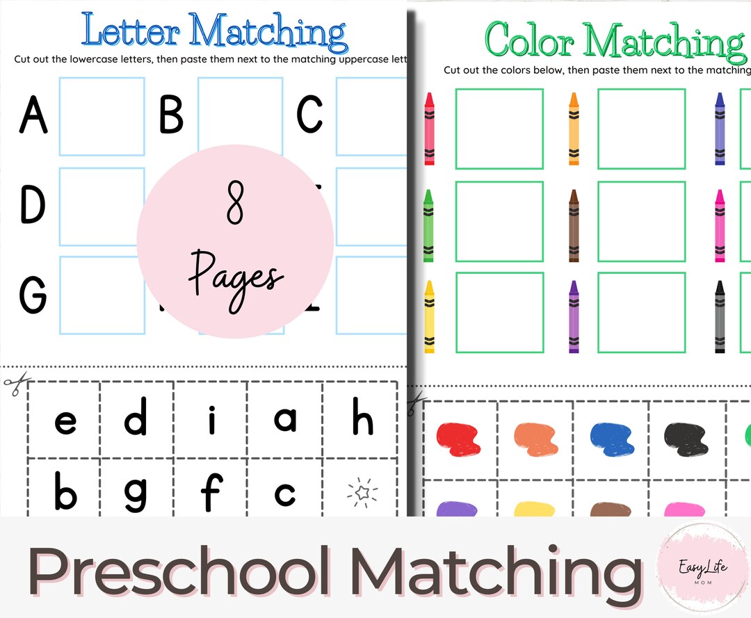 Preschool Matching Cut & Paste, Preschool, Prek Worksheets, Homeschool ...