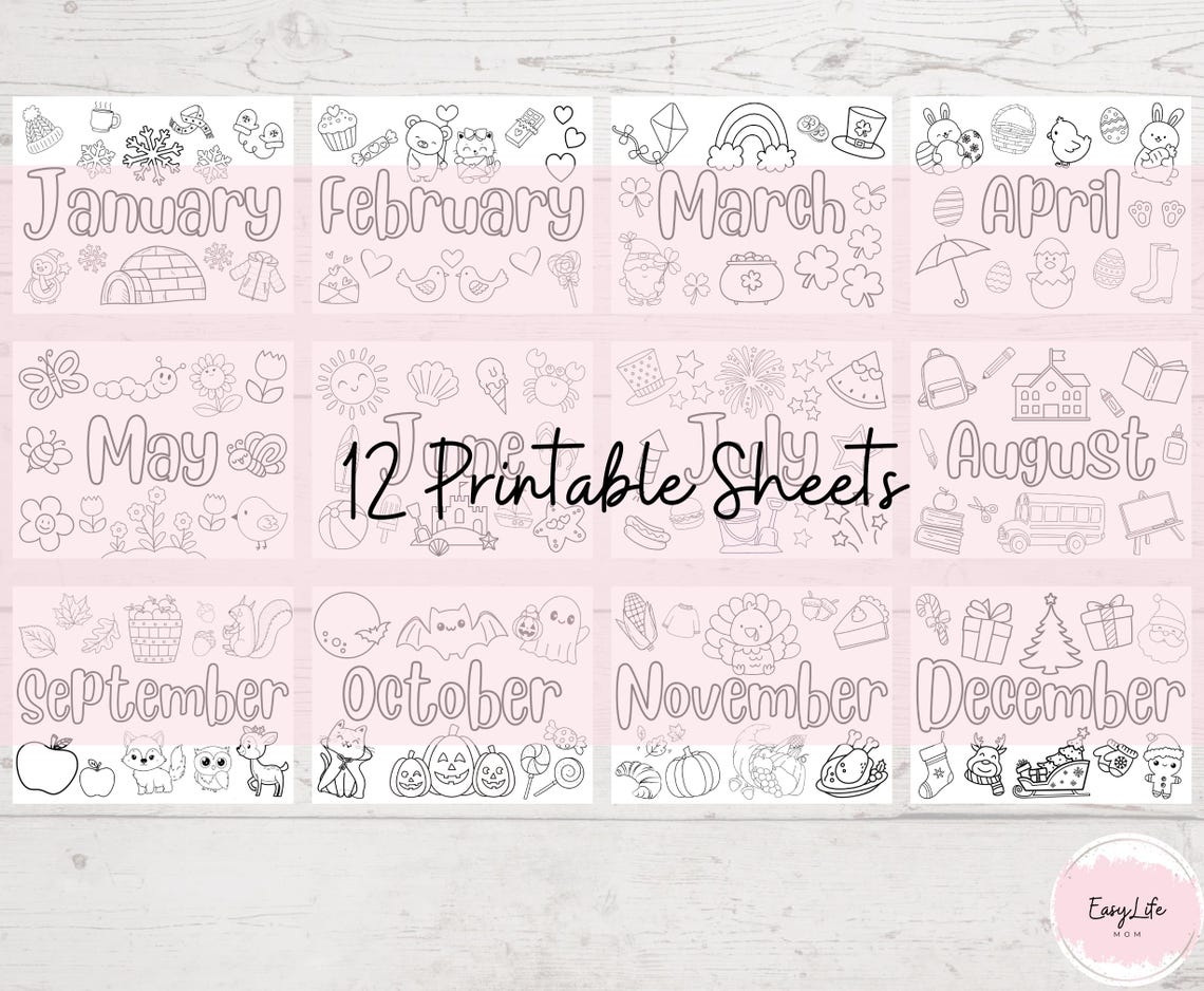 Months of the Year Coloring Pages, 12 Printable Coloring Sheets ...