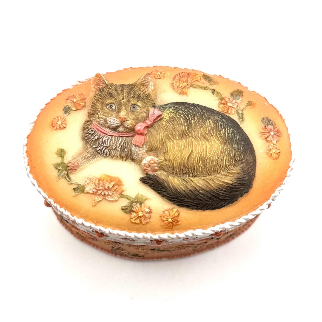 Oval Shaped Peach Cat Trinket Box With Floral Design - Etsy