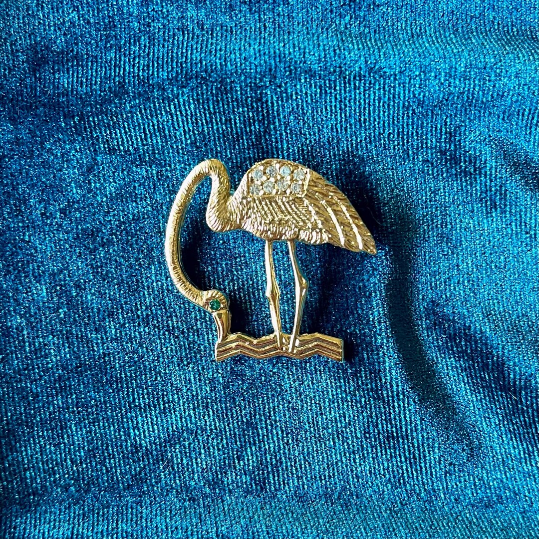 Vintage Art Deco Style Shiny Gold Crane on Water Brooch With Green and ...