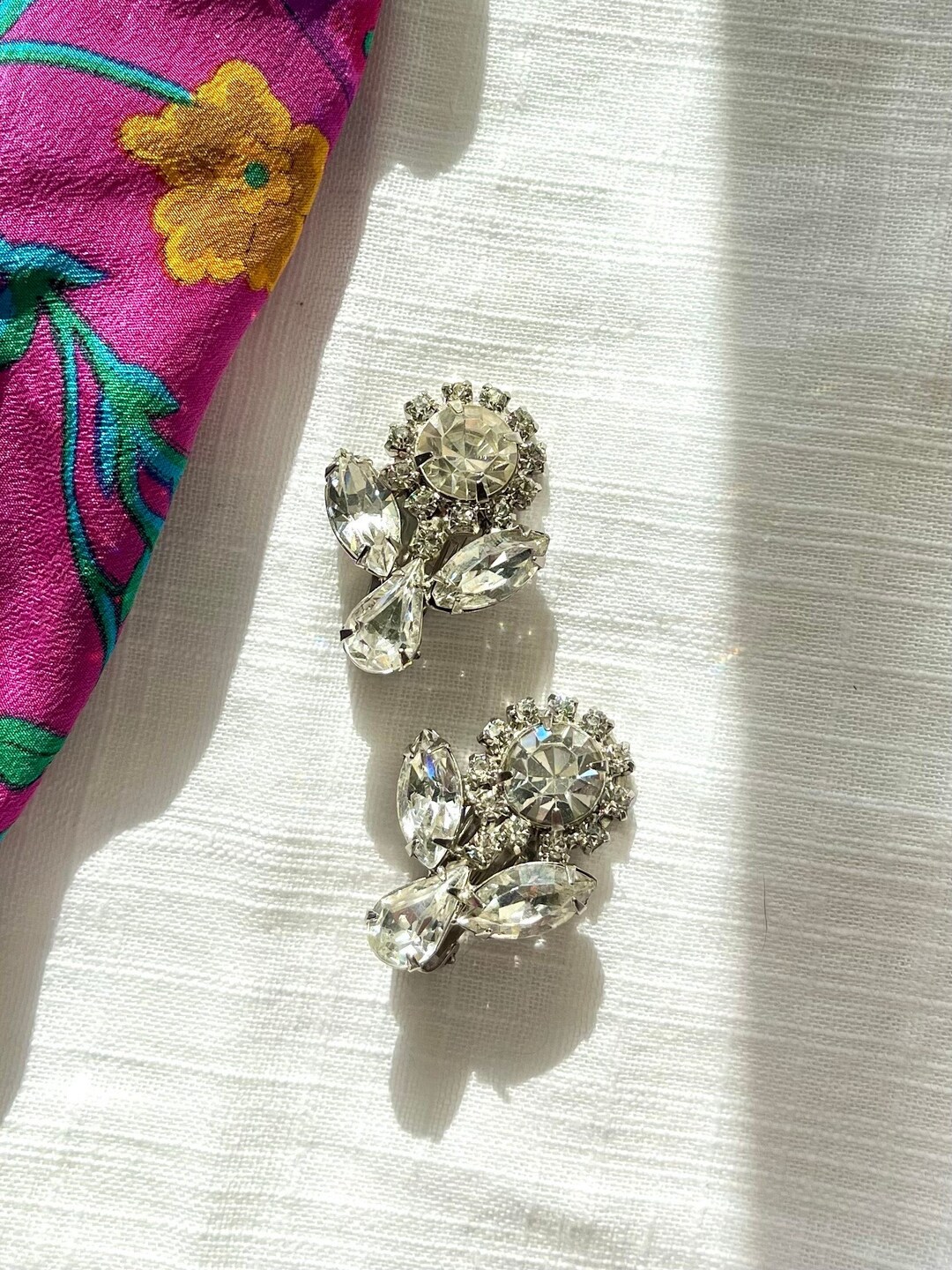 Sparkly Rhinestone Flower Clip on Vintage Earrings - Etsy