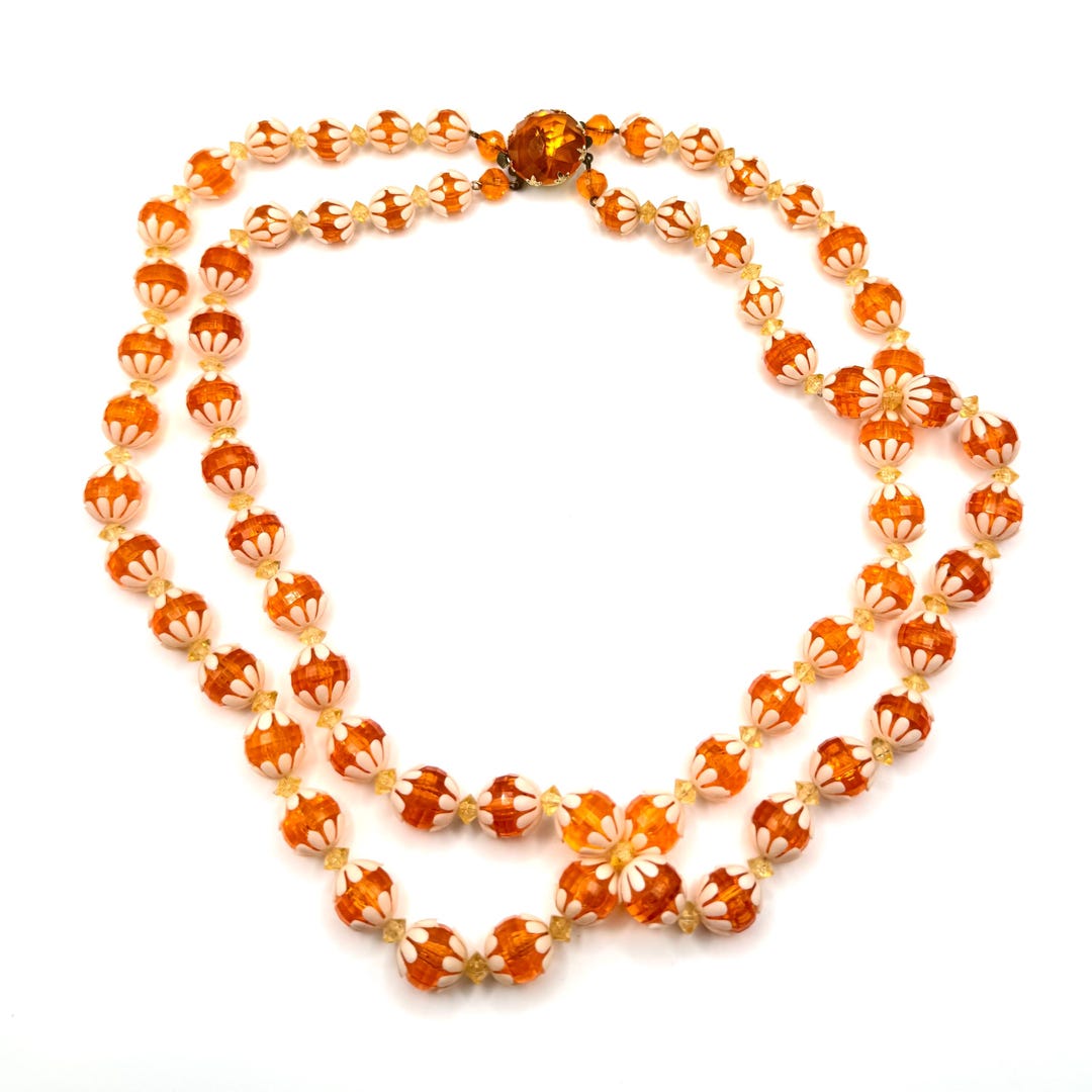 Western Germany Orange and White Plastic Round Rhinestone Double Strand ...