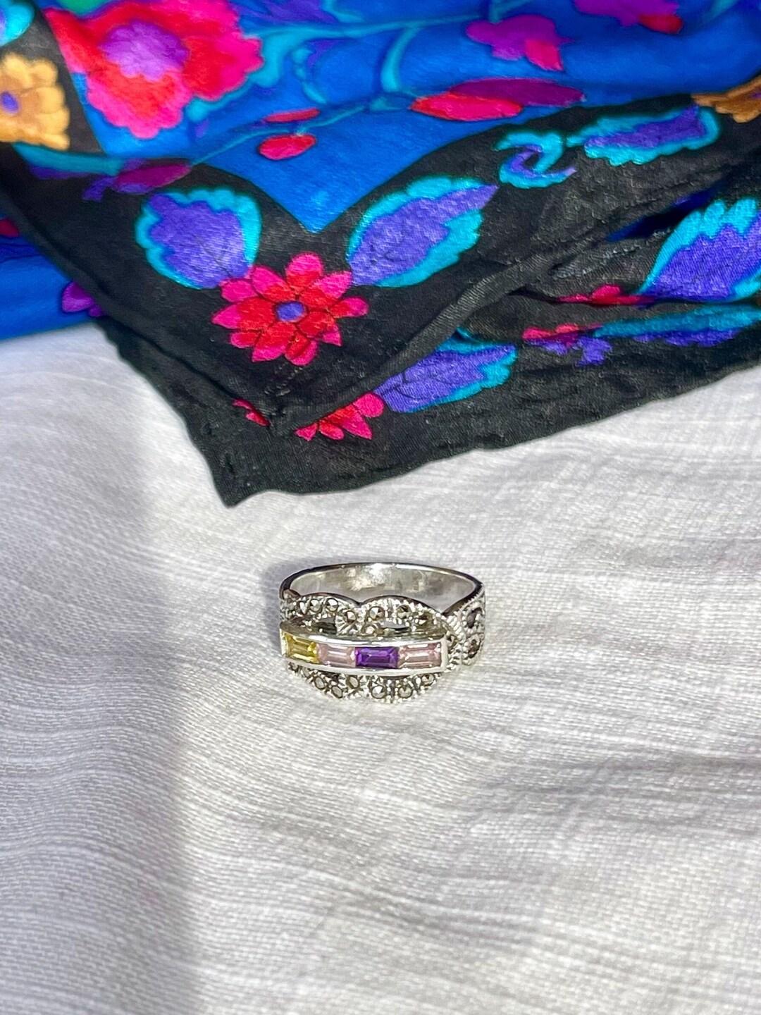 Vintage Marsala Sterling Silver Multi Color CZ and Marcasite Scalloped ...