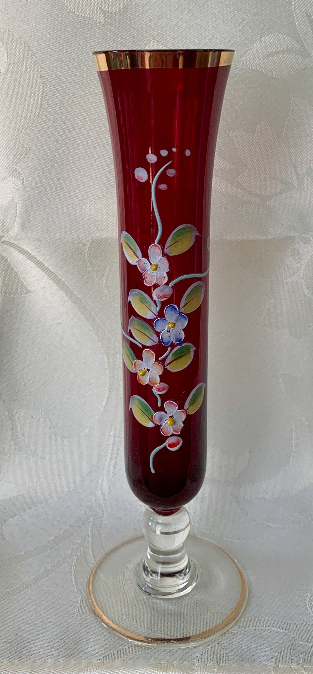 Bohemian Ruby Red Glass Bud Vase: Hand-painted Enamel Flowers, Gold ...