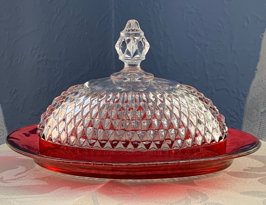 Indiana Glass Diamond Point Cranberry Rim Butter Dish - Etsy