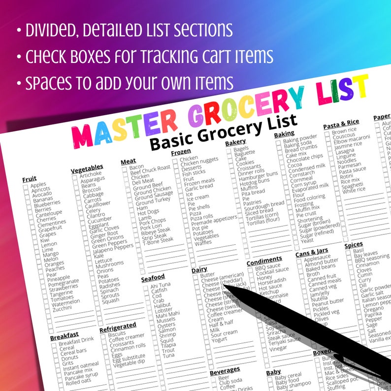 Master Grocery List Printable With Divided Sections Instant Download - Etsy