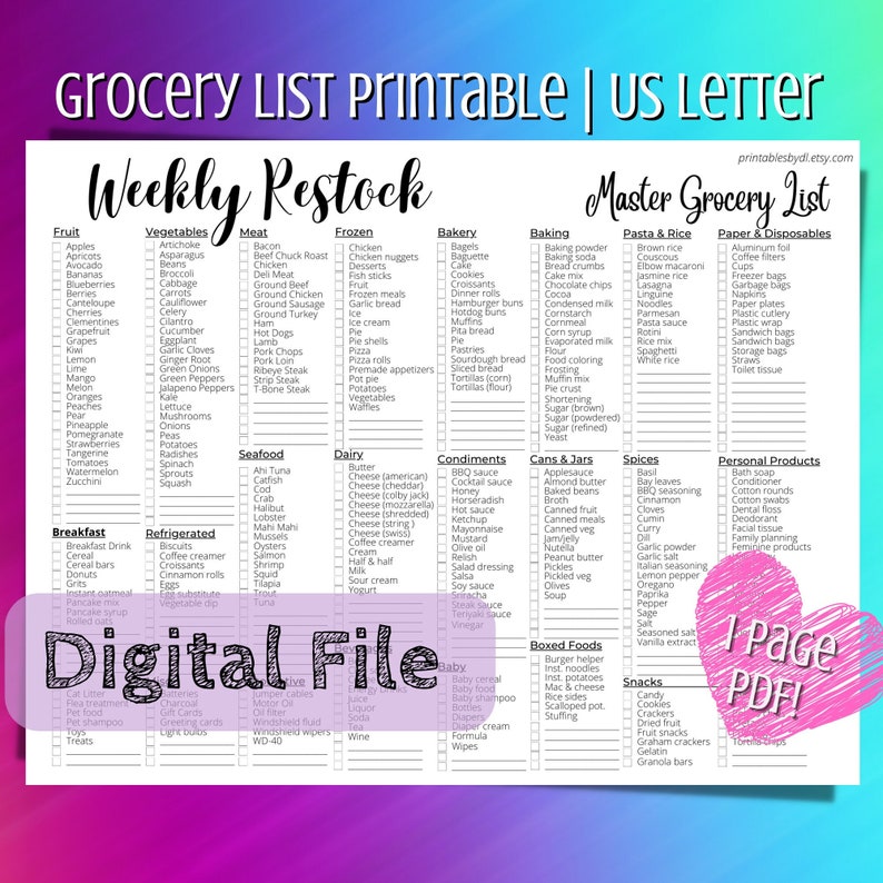 Master Grocery List Printable Weekly Restock Instant - Etsy