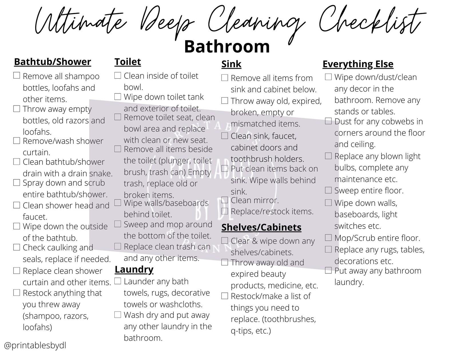 Deep Cleaning Checklist Printable Bundle | Bathroom & Kitchen Spring ...