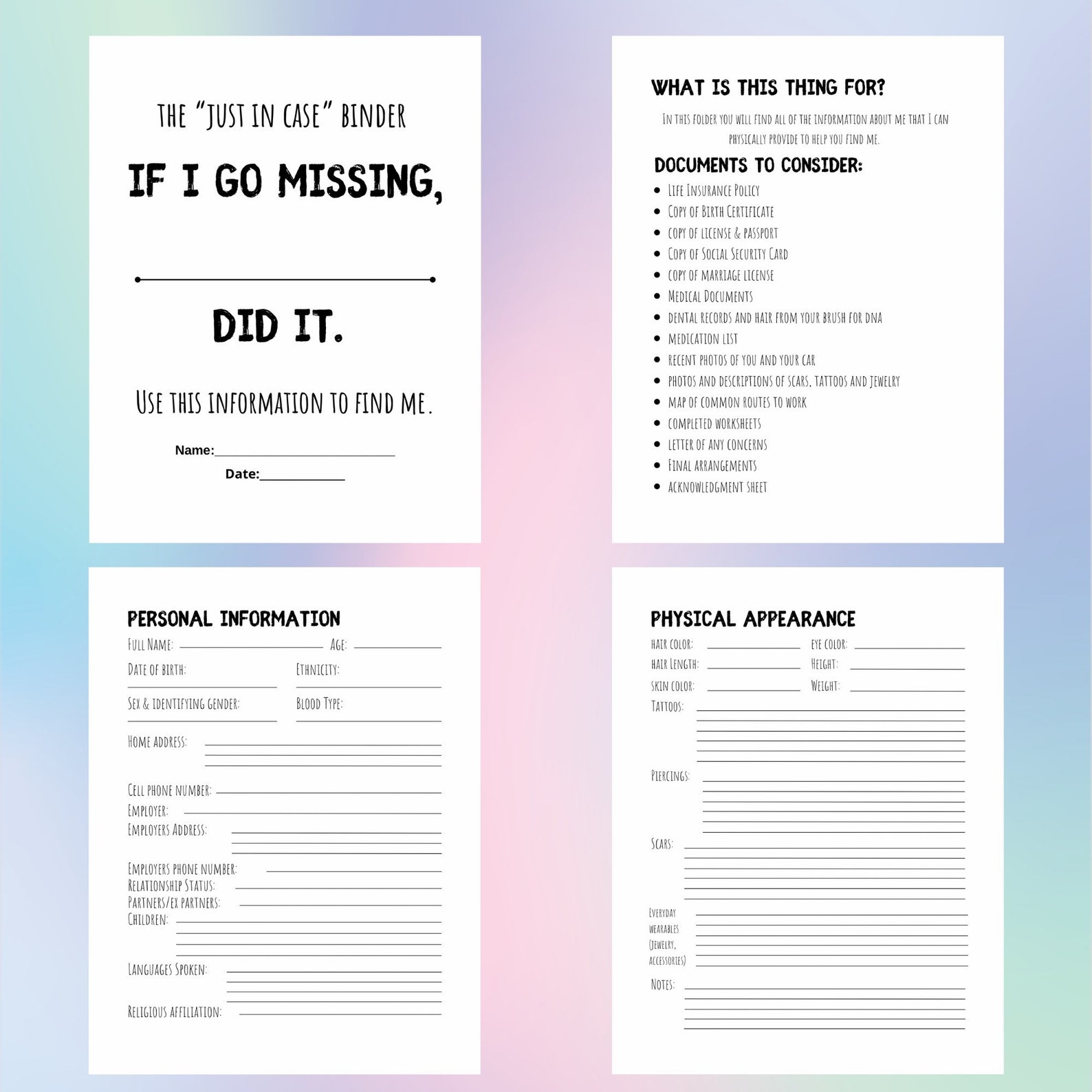 If I Go Missing Emergency Binder Printables | 23 Page PDF - Etsy