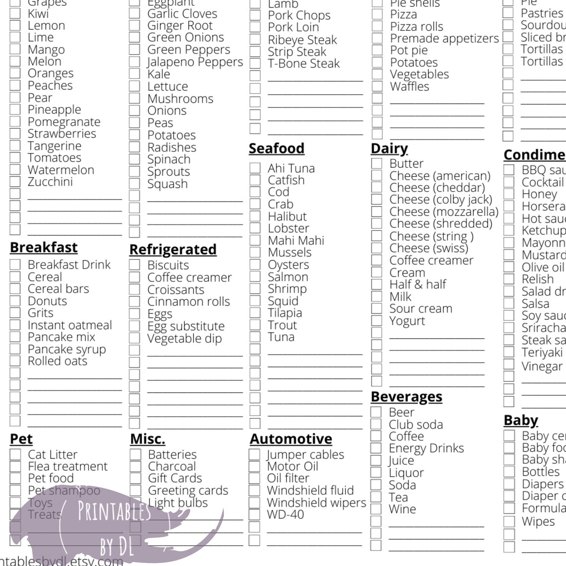 Master Grocery List Printable With Divided Sections Instant - Etsy