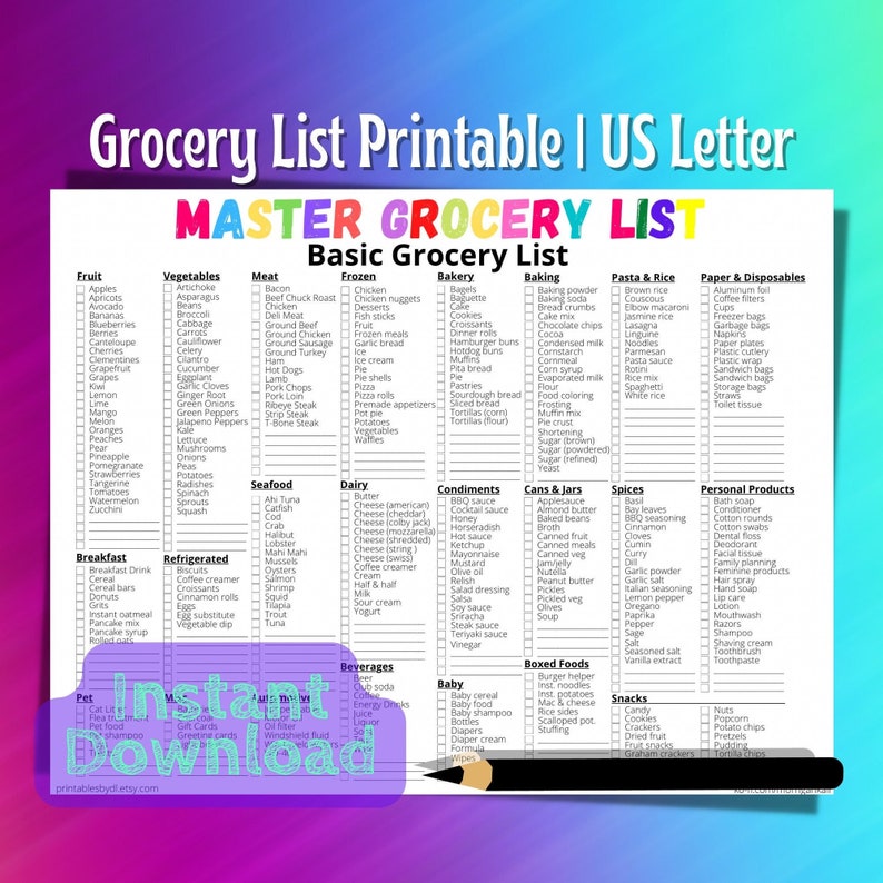 Master Grocery List Printable With Divided Sections Instant - Etsy