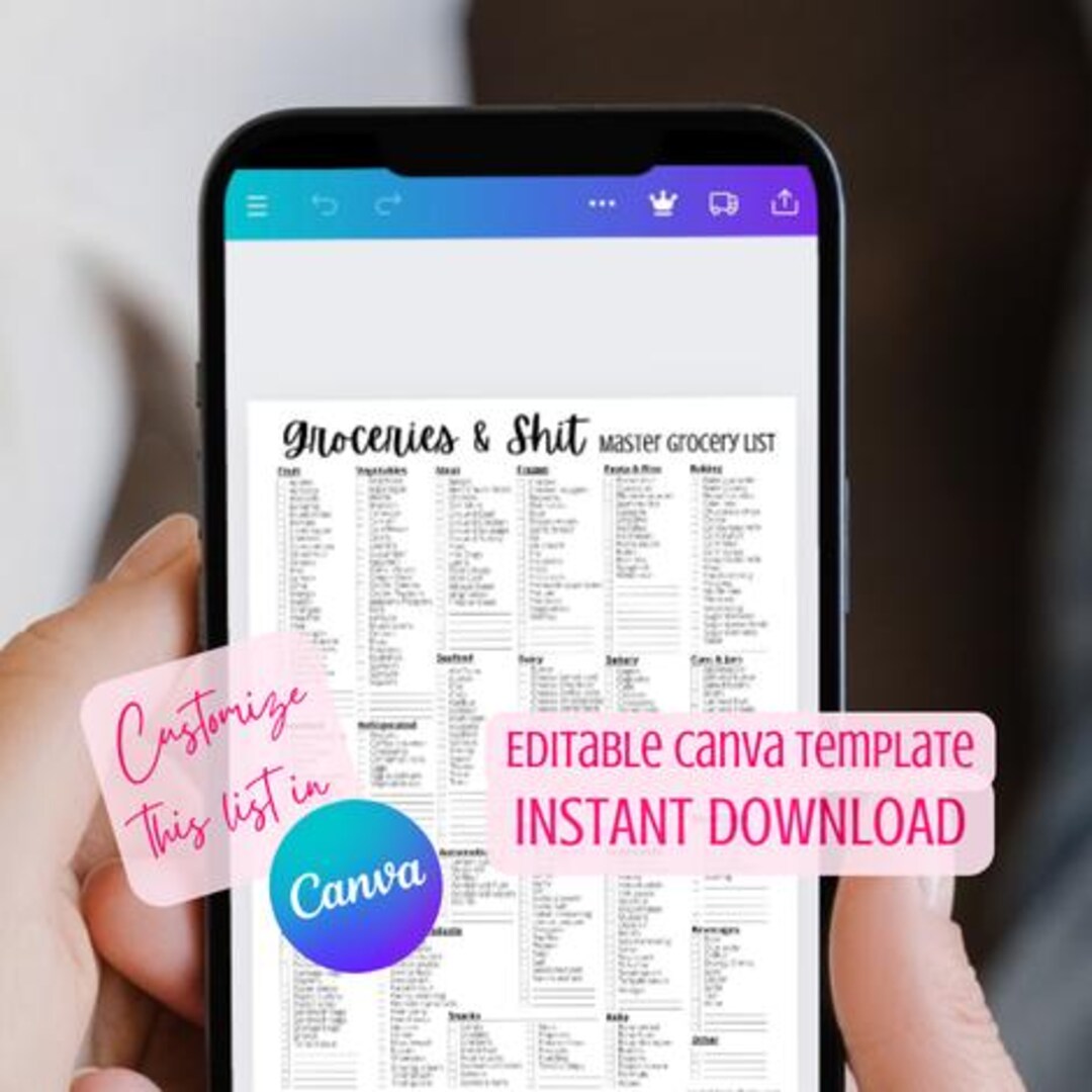 Editable Groceries & Shit Master Grocery List Canva Template | Instant ...