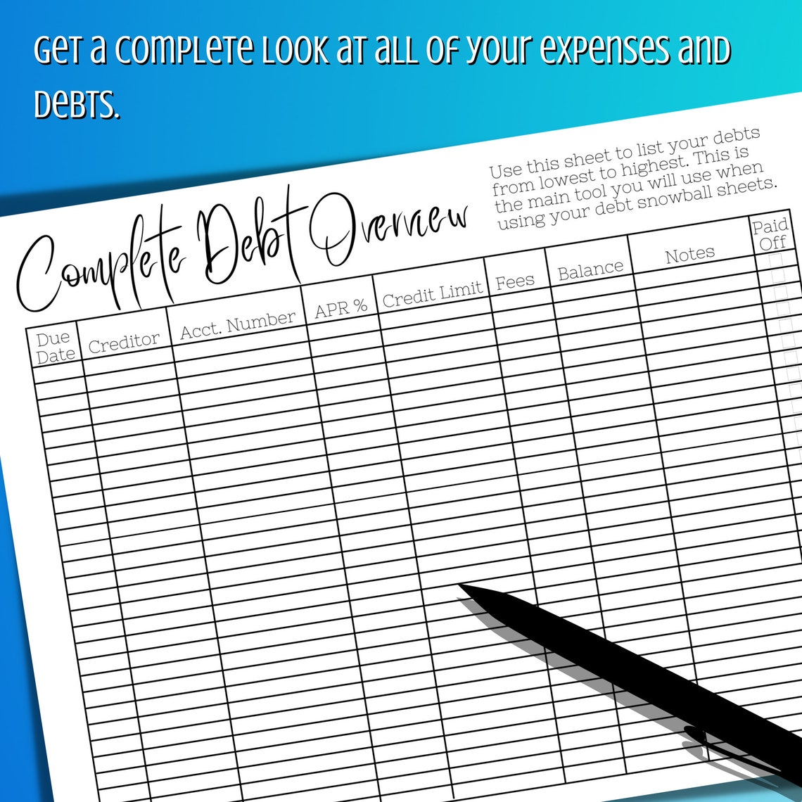Complete Debt Overview Printable Worksheet | Instant Download - Etsy