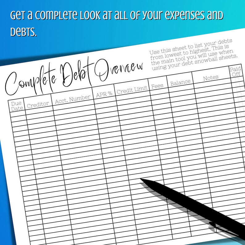Complete Debt Overview Printable Worksheet | Instant Download - Etsy