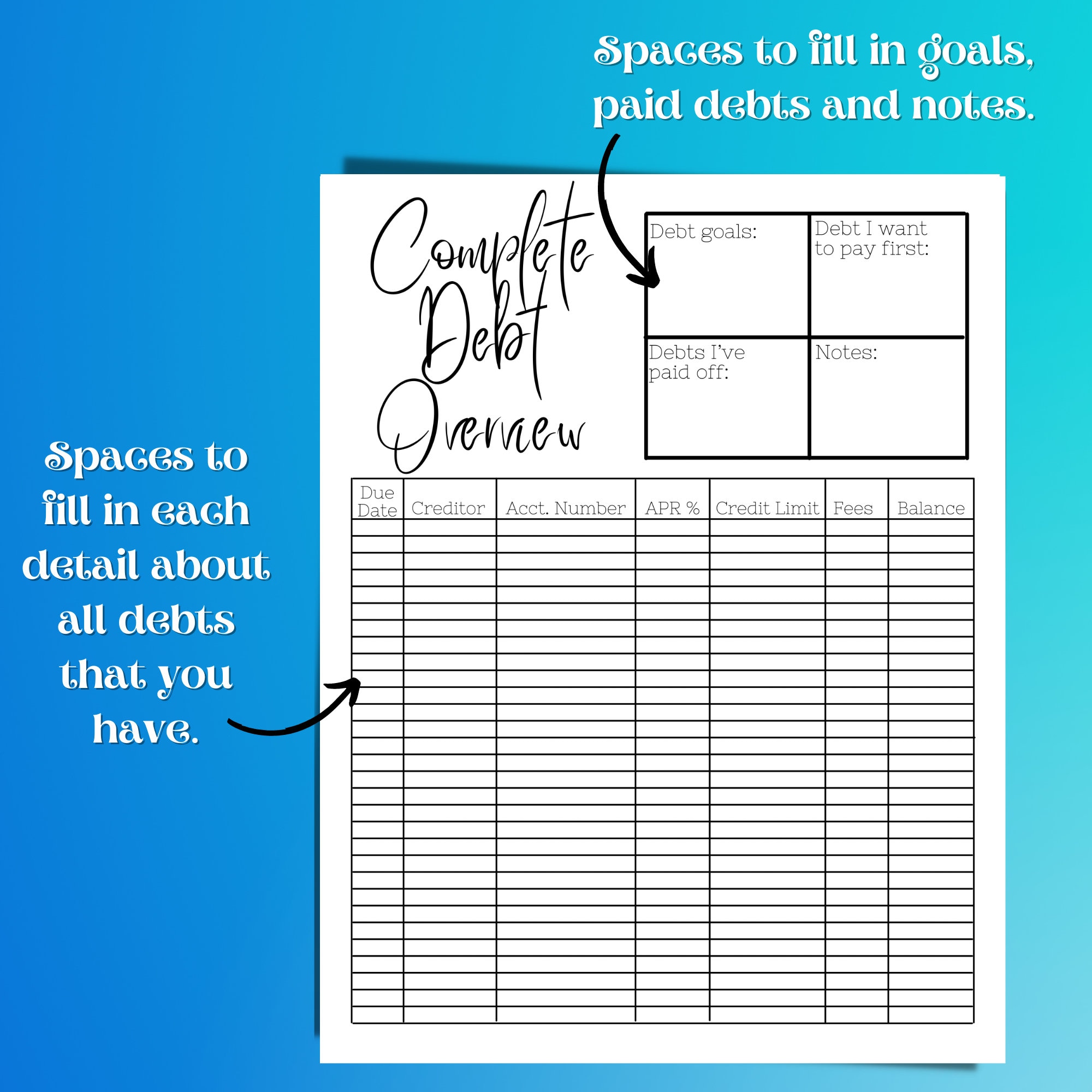 Complete Debt Overview Printable Instant Download - Etsy