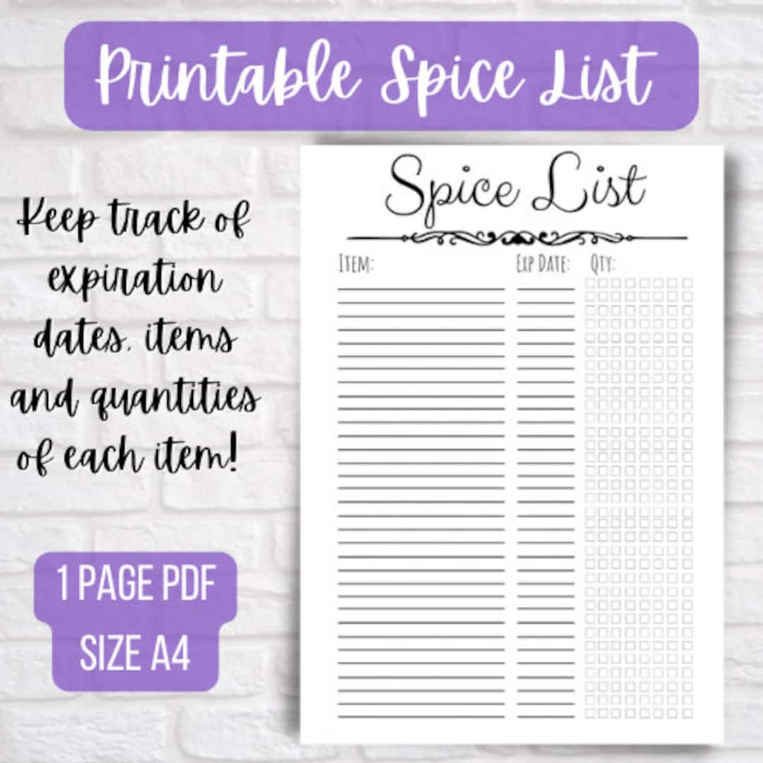 Spice Inventory Sheet Printable Expiration Date Tracker Instant ...