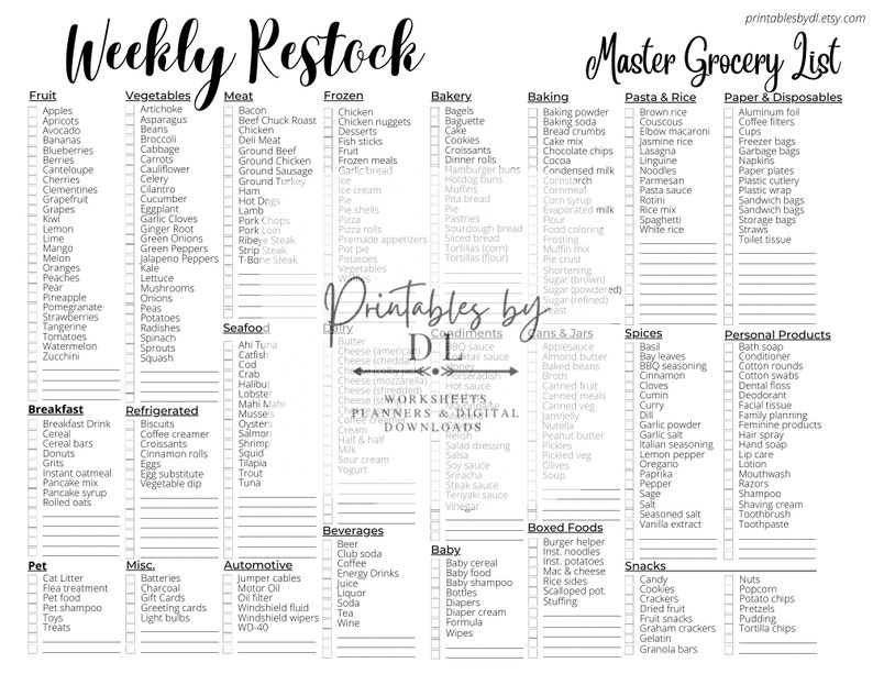 Master Grocery List Printable Weekly Restock Instant - Etsy