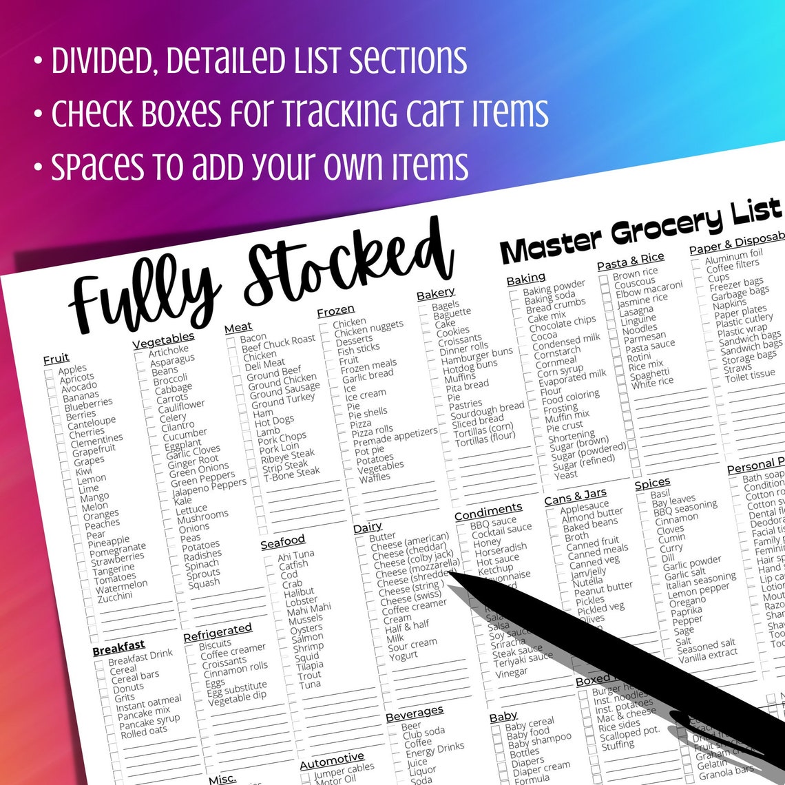 Editable Fully Stocked Master Grocery List Canva Template and Printable ...