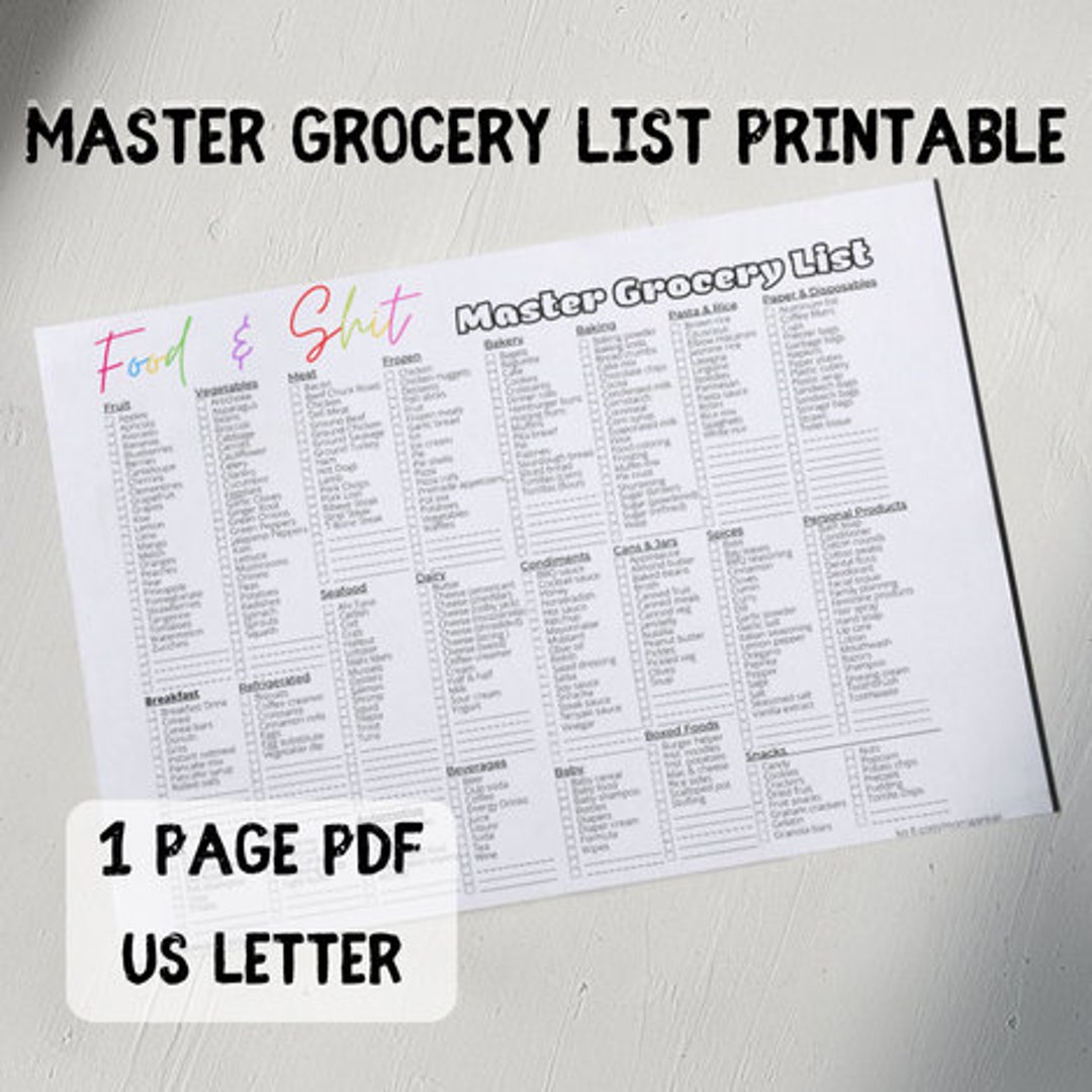 Food & Shit Master Grocery List Printable With Divided Sections Instant ...