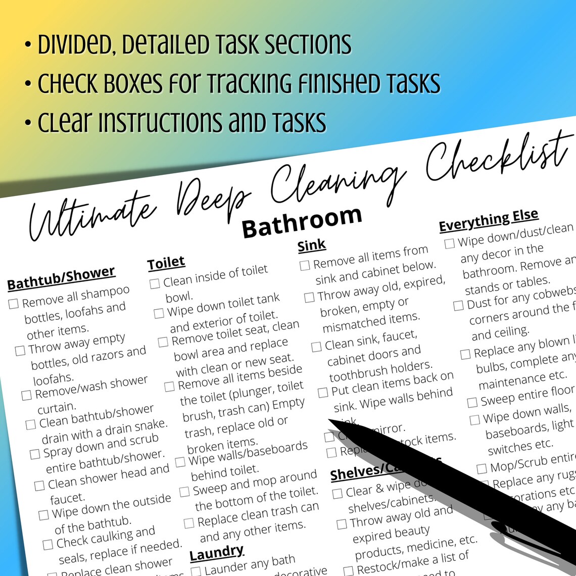 Deep Cleaning Checklist Printable Bundle | Bathroom & Kitchen Spring ...