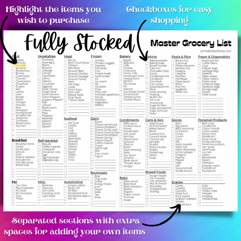 Master Grocery List Printable With Divided Sections Instant Download - Etsy