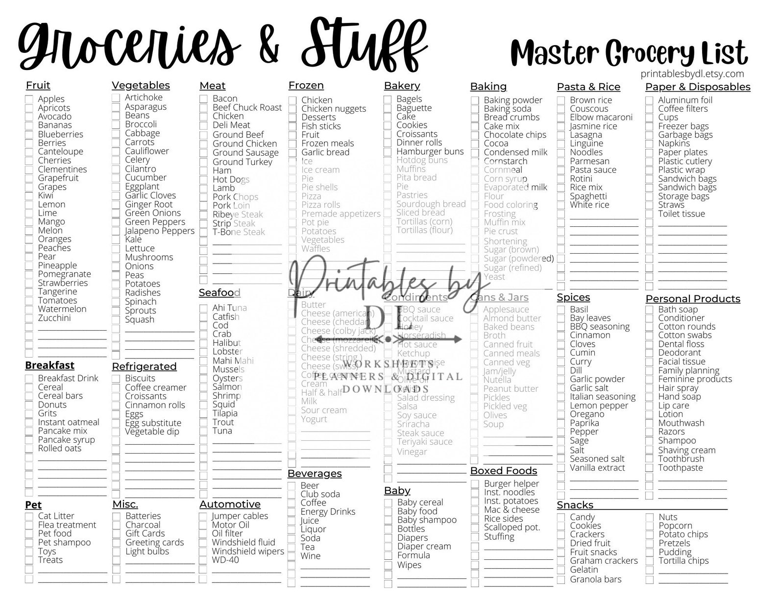 Groceries & Stuff Master Grocery List Printable | Instant Download - Etsy