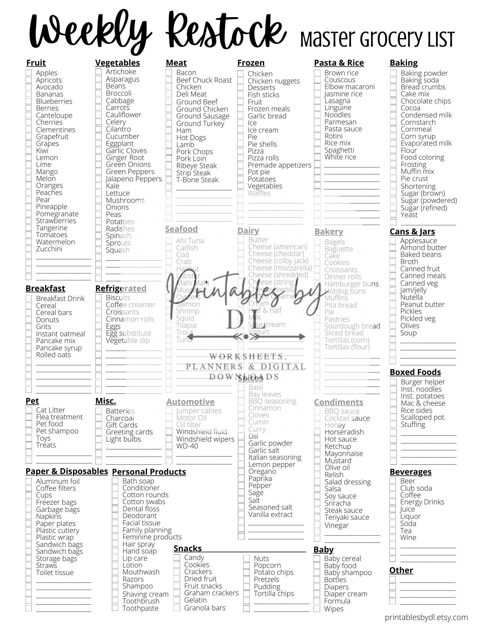 Editable Weekly Restock Master Grocery List Canva Template Instant ...