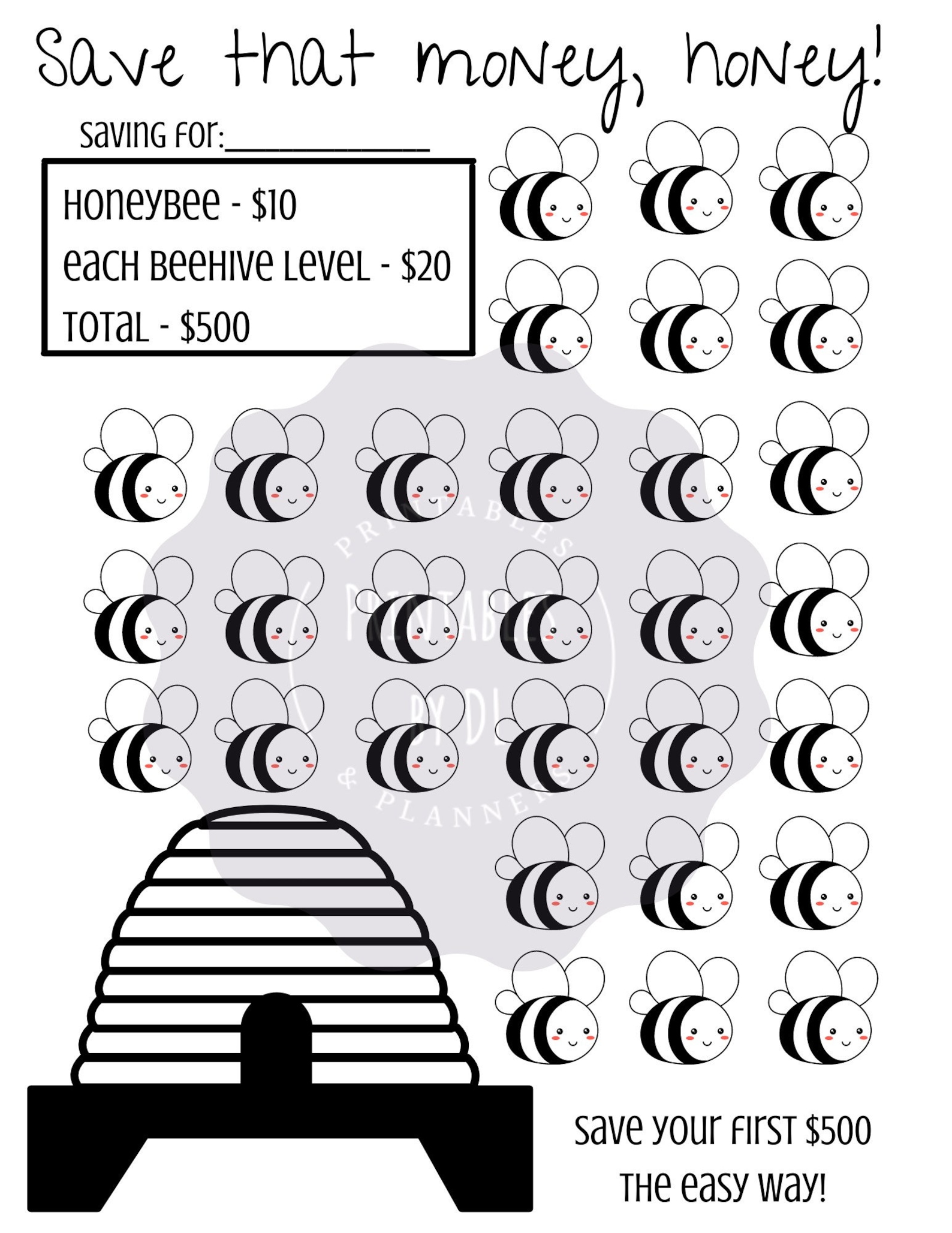 Bee Money Challenge Printable Bundle Savings Tracker Worksheets Instant ...