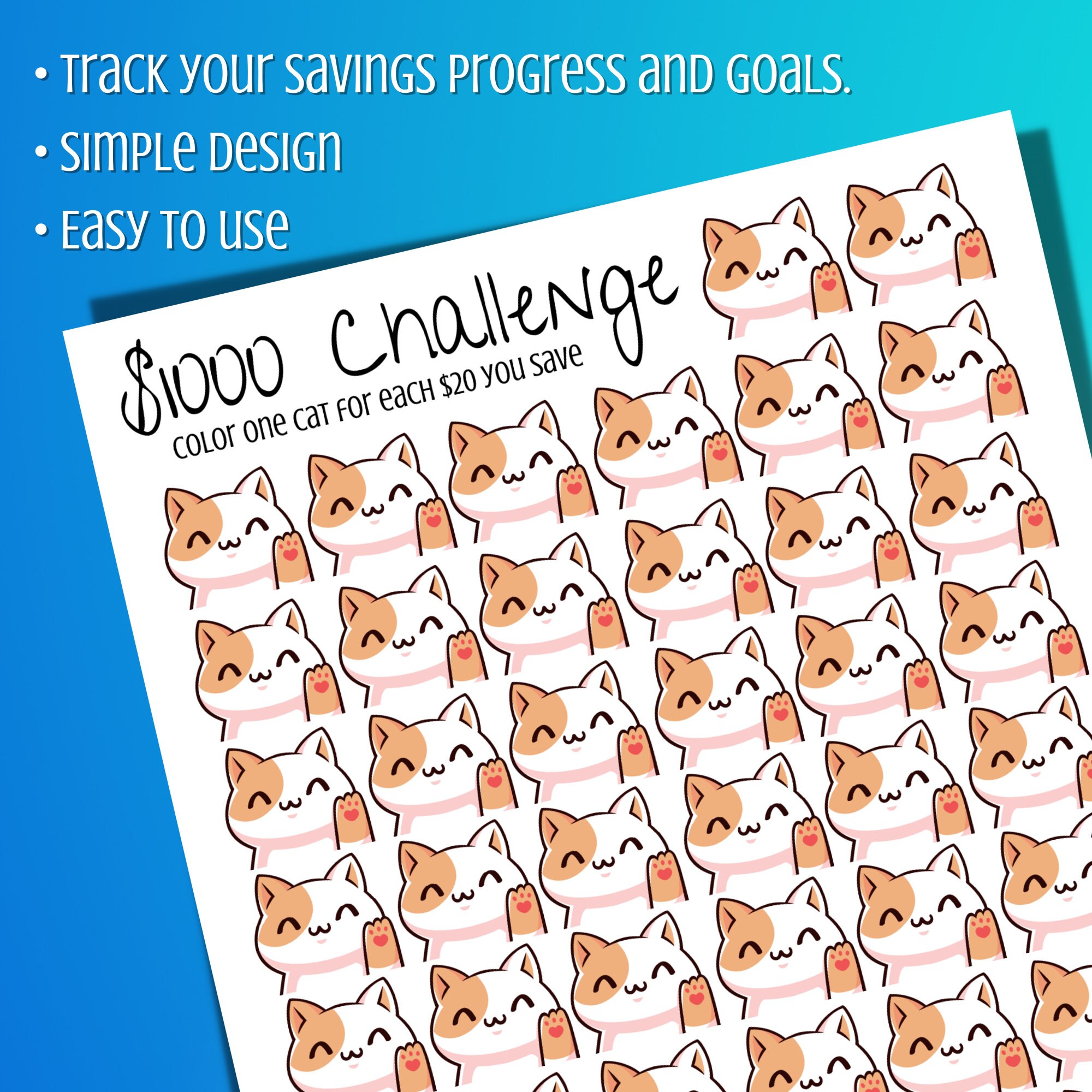 1000 Dollar Challenge Savings Tracker Printable | Instant Download - Etsy