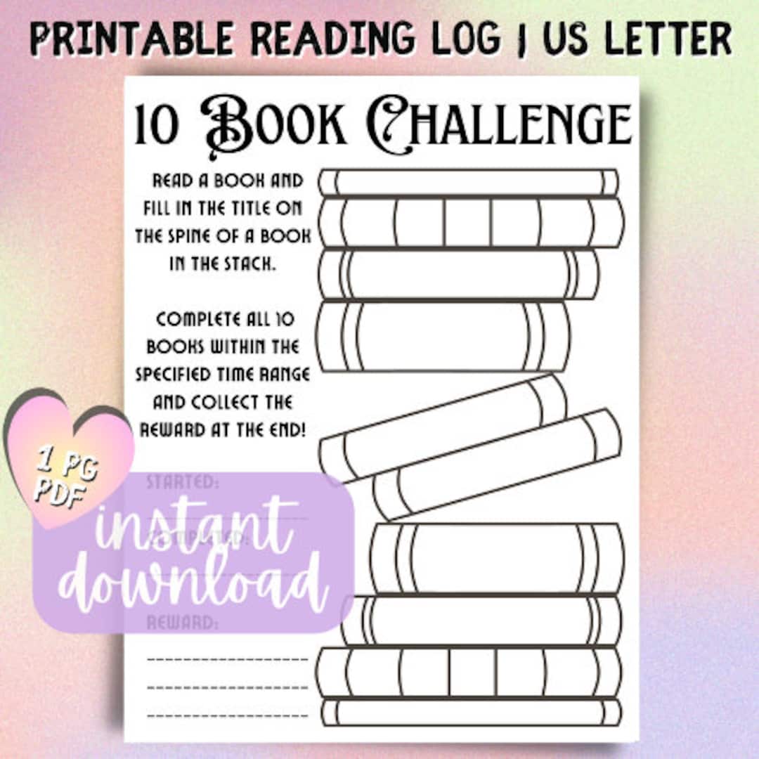 10 Book Challenge Printable Book Log Reading Tracker Book Stack Reading ...