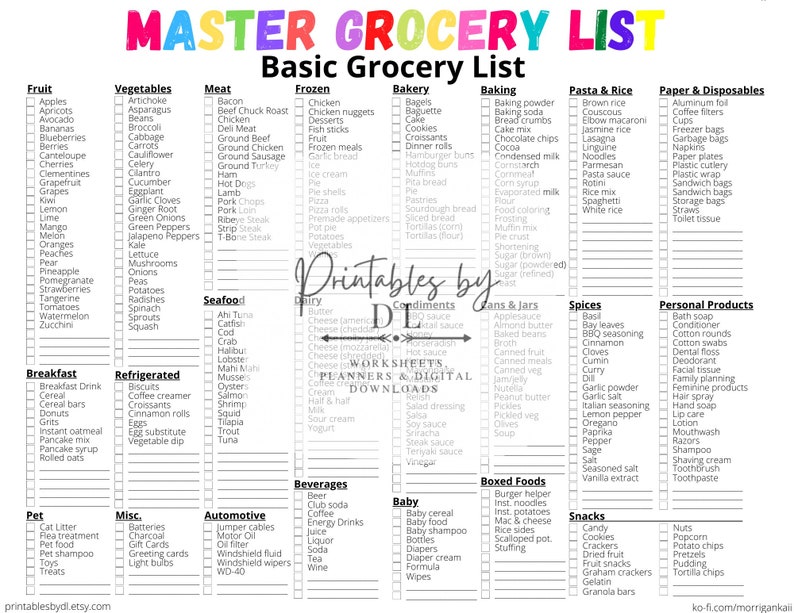 Master Grocery List Printable With Divided Sections Instant Download - Etsy