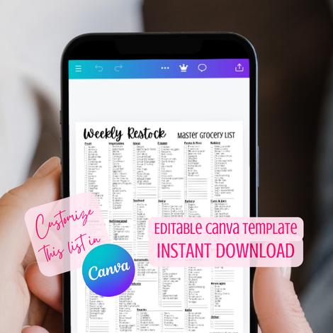Editable Weekly Restock Master Grocery List Canva Template | Instant ...