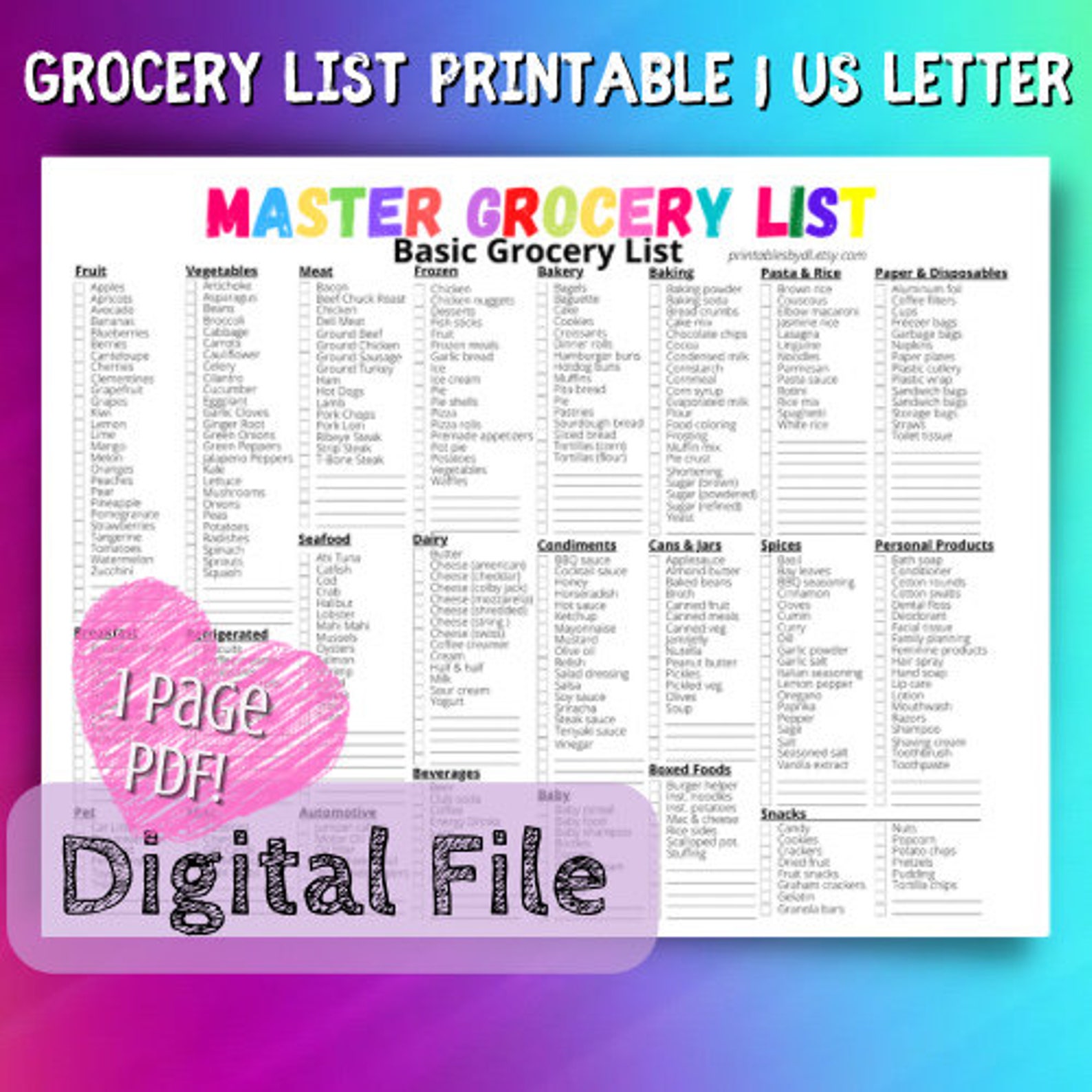 Master Grocery List Printable With Divided Sections Instant - Etsy