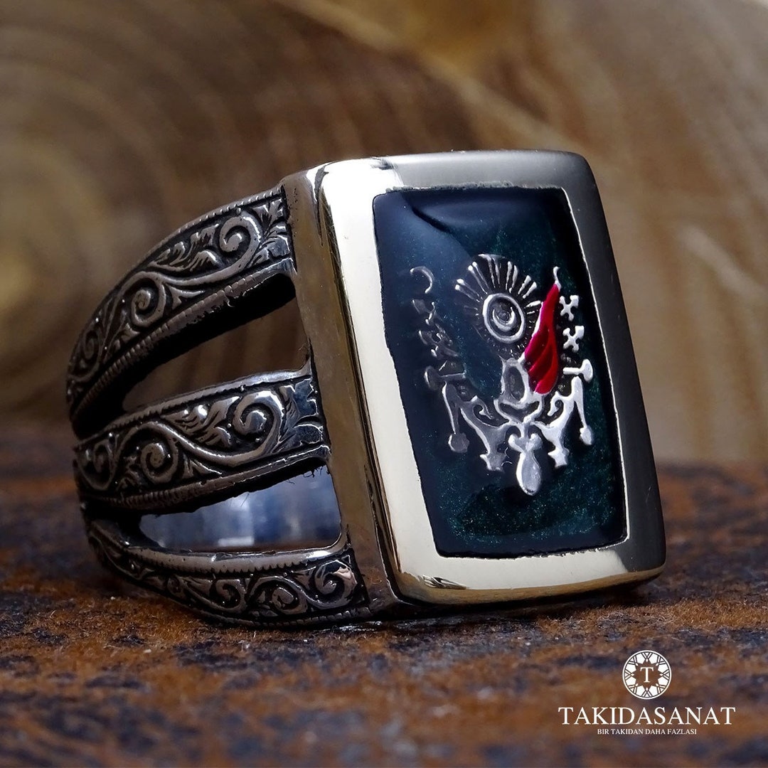 Personalization Ottoman Flag Silver Ring, Ottoman Coat of Arms, Signet ...