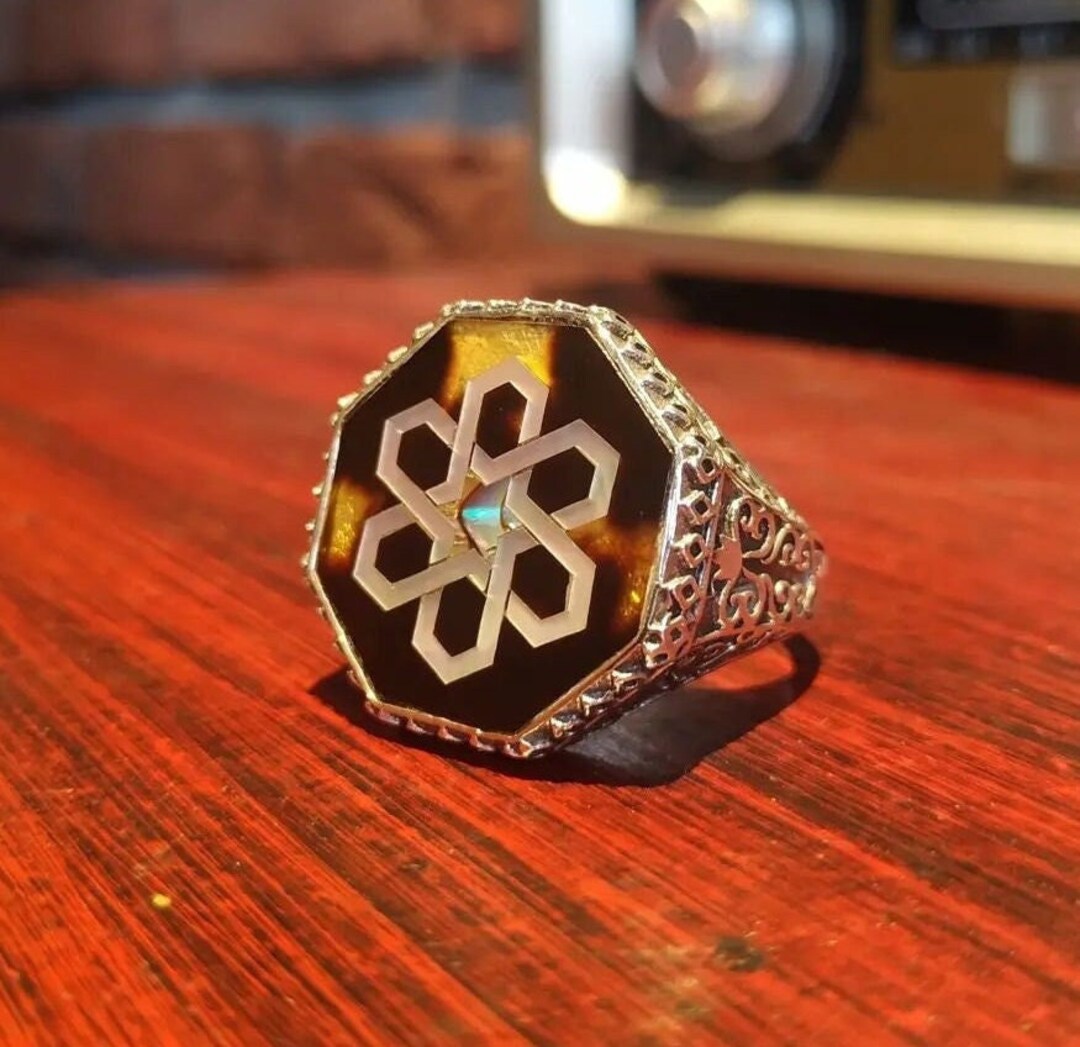 Octagonal Star on Mother of Pearl Inlay Silver Ring, 925k Sterling ...