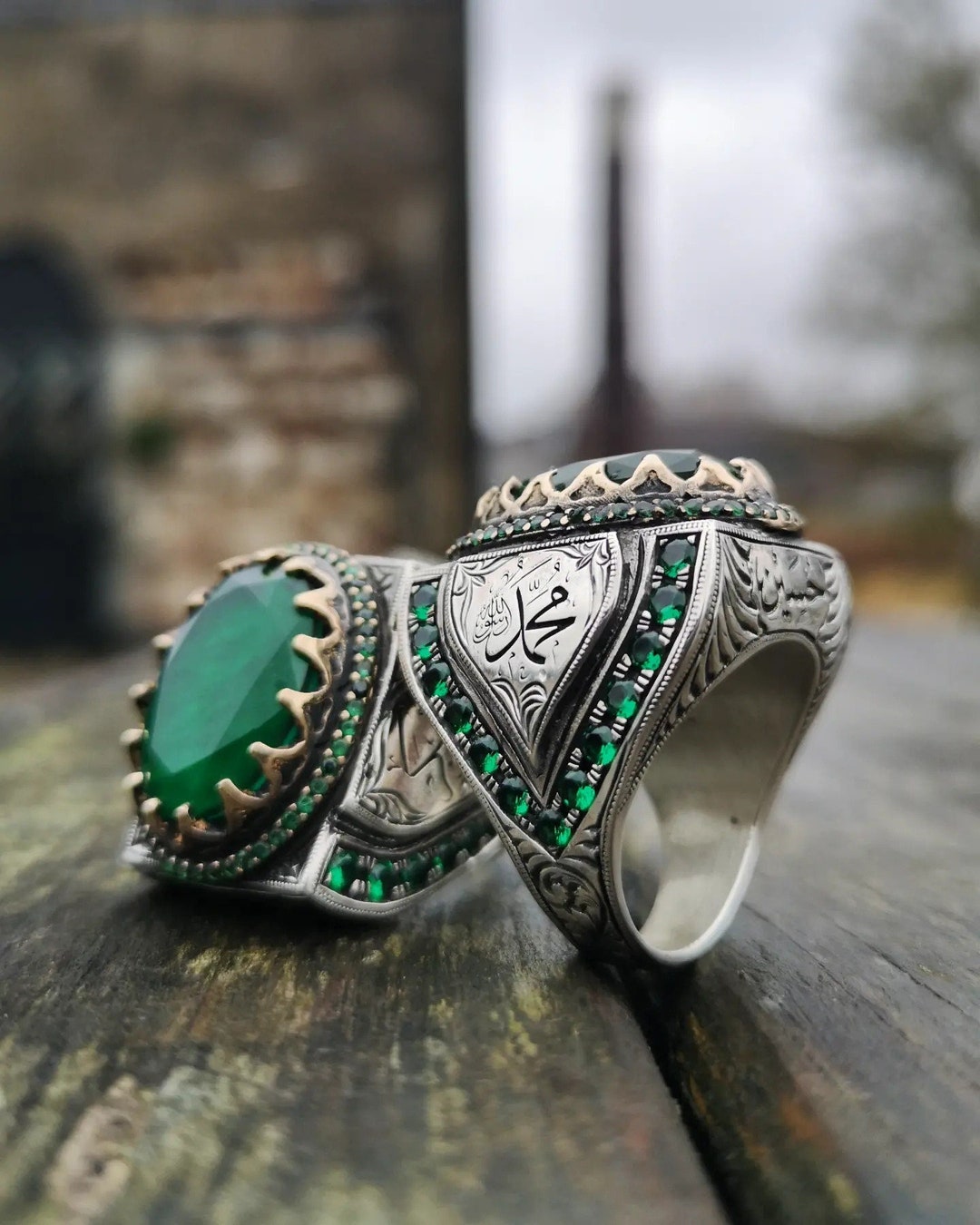 Personalization Natural Green Stone Silver Ring, Calligraphy on ...