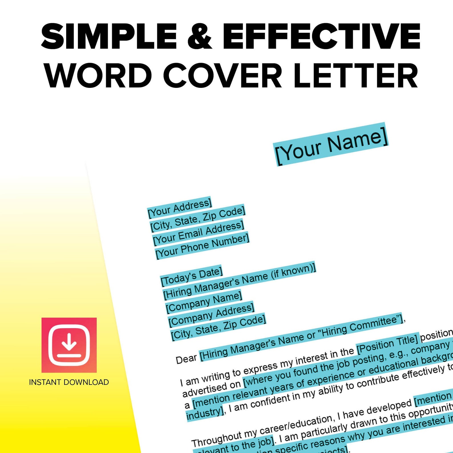 Cover Letter for Job Application, Editable Word Document, Cover Letter ...