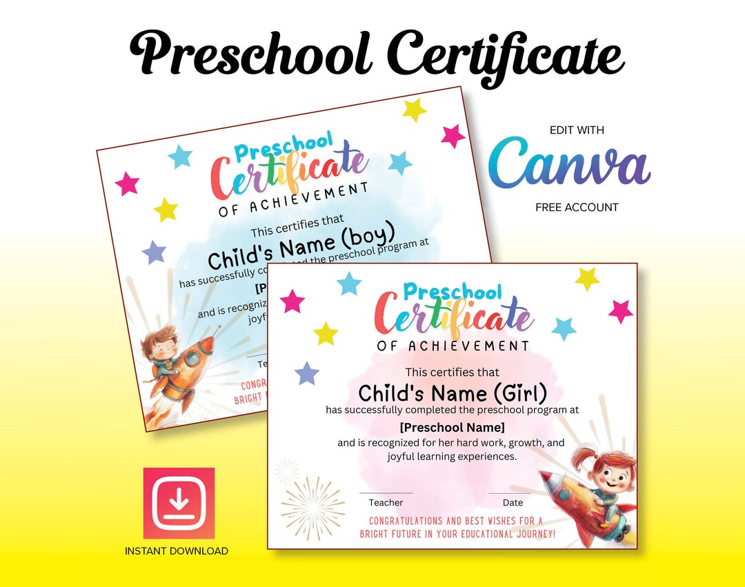 Editable Preschool Certificate, Printable Preschool Graduation ...