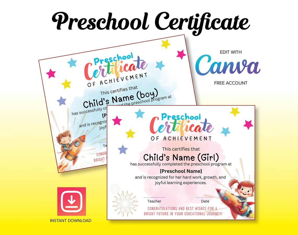 Editable Preschool Certificate, Printable Preschool Graduation ...