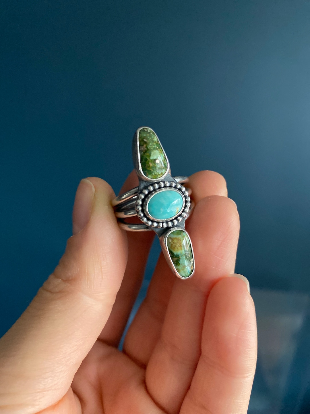 Triple Turquoise Silver Ring sonoran Gold Bamboo Mountain - Etsy