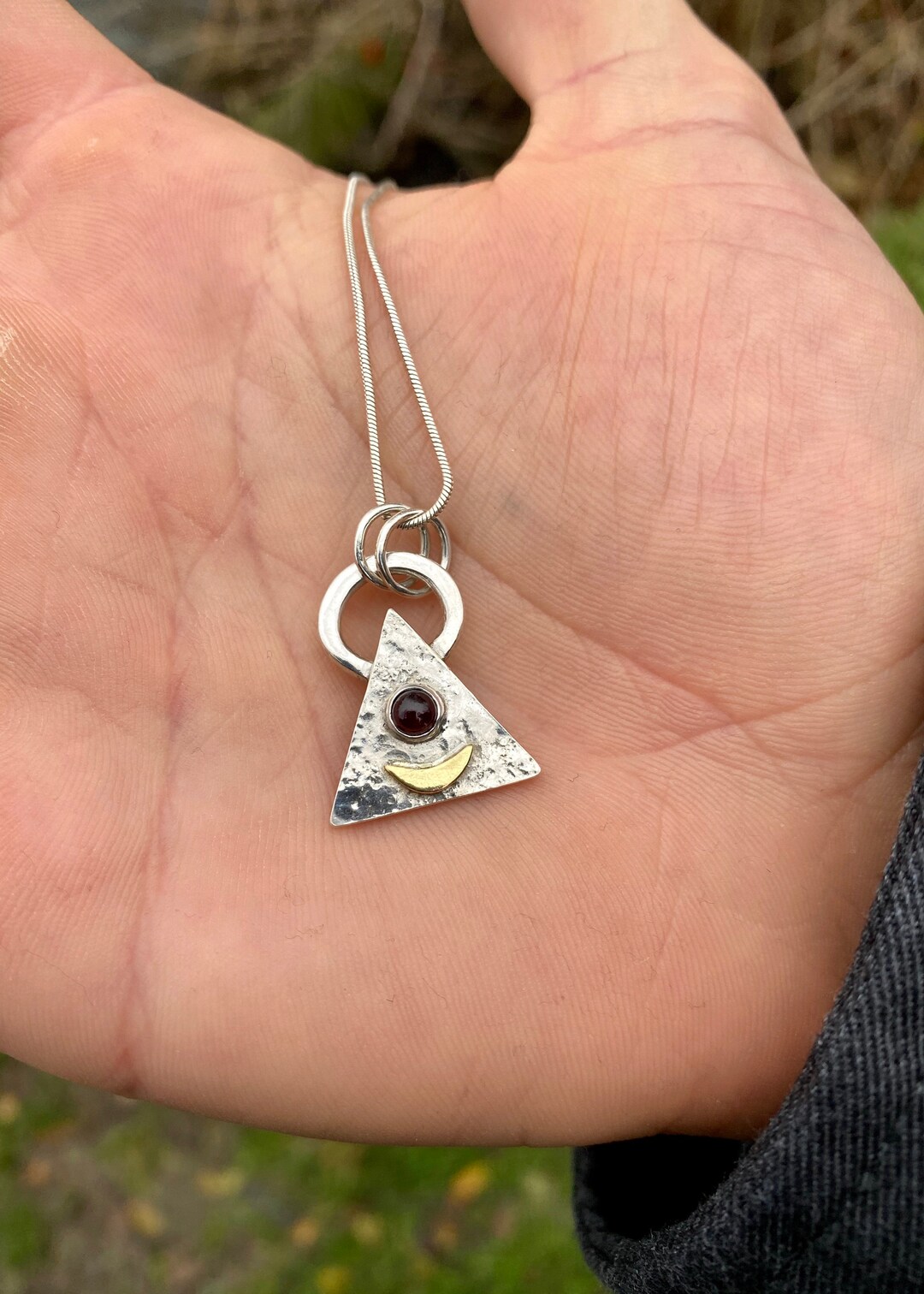 Triangle Half Moon Sterling Silver Pendant With Garnet - Etsy UK