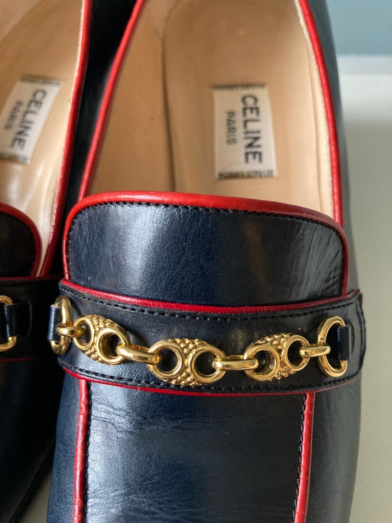 Céline 1970s navy red leather pumps, golden details /… - Gem