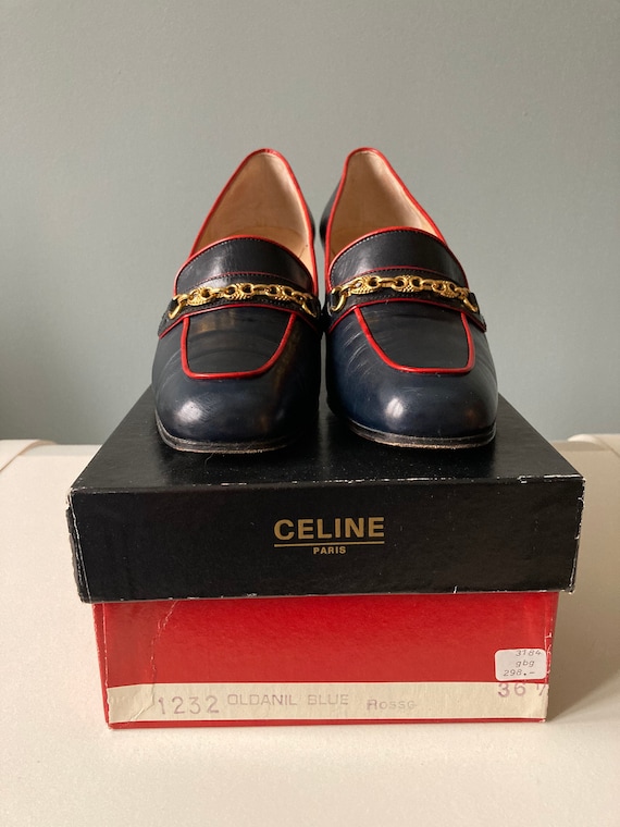 Céline 1970s navy red leather pumps, golden details /… - Gem