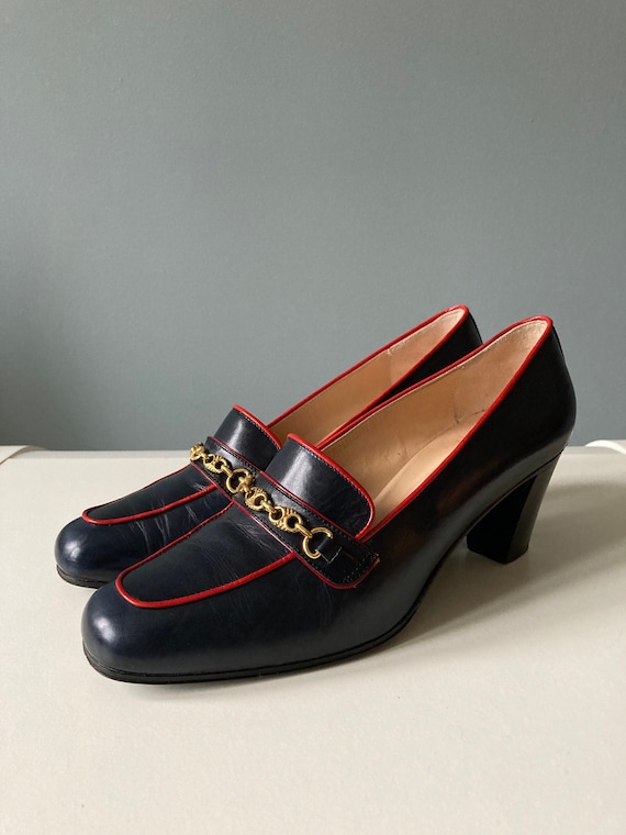 Céline 1970s navy red leather pumps, golden details /… - Gem