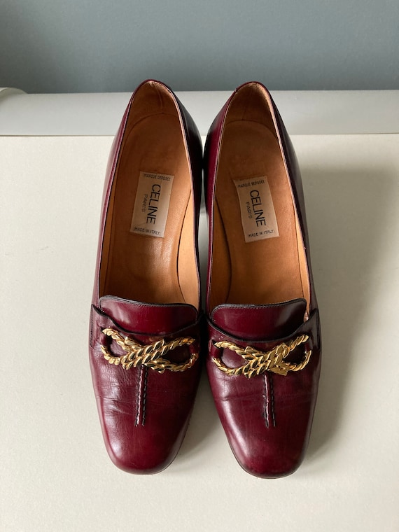 Céline 1970s Bordeaux red leather pumps, golden detai… - Gem